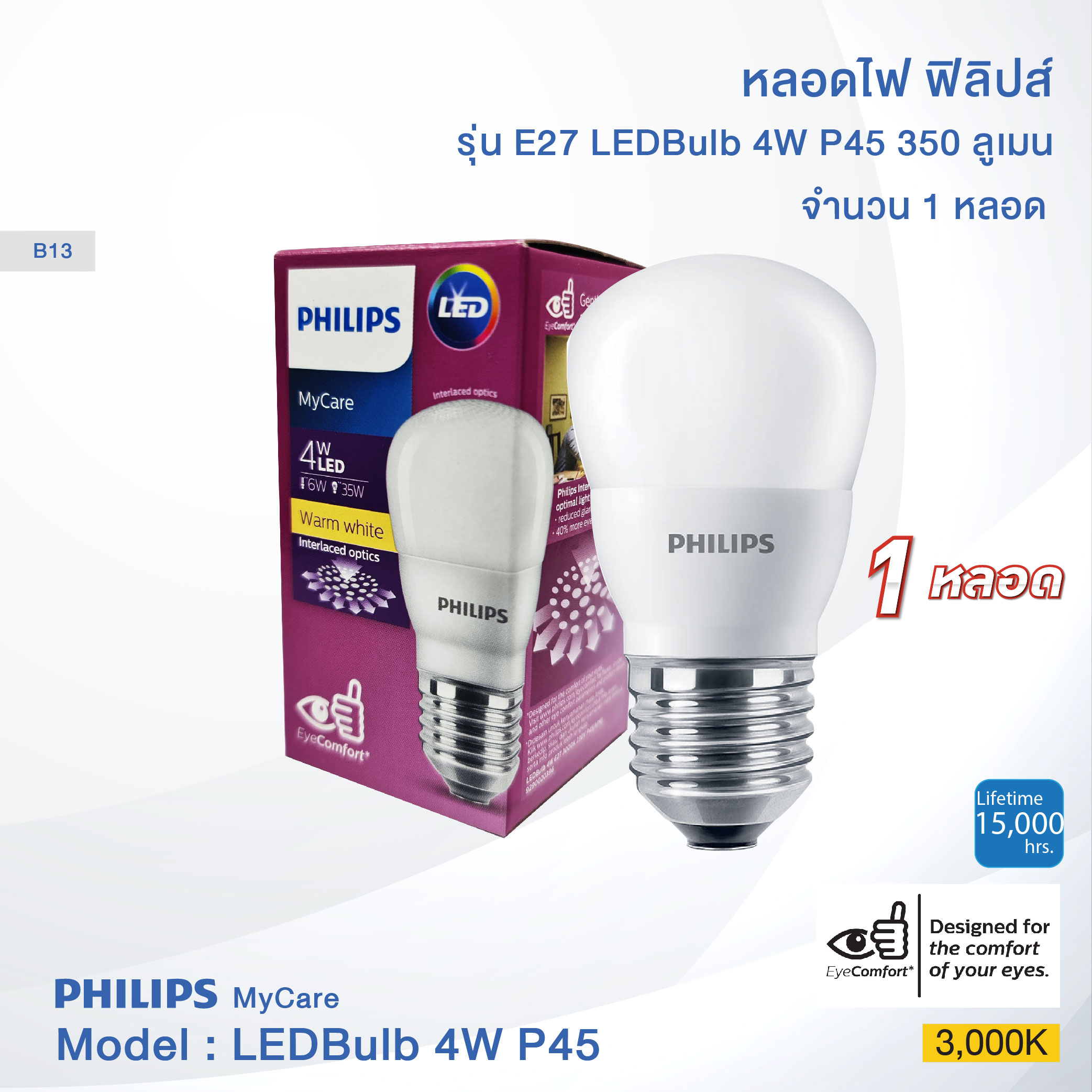 PHILIPS MyCare LED BULB 4W E27 P45 3000K/6500K (ฟิลิปส์ หลอดไฟ ชนิดหลอด ...